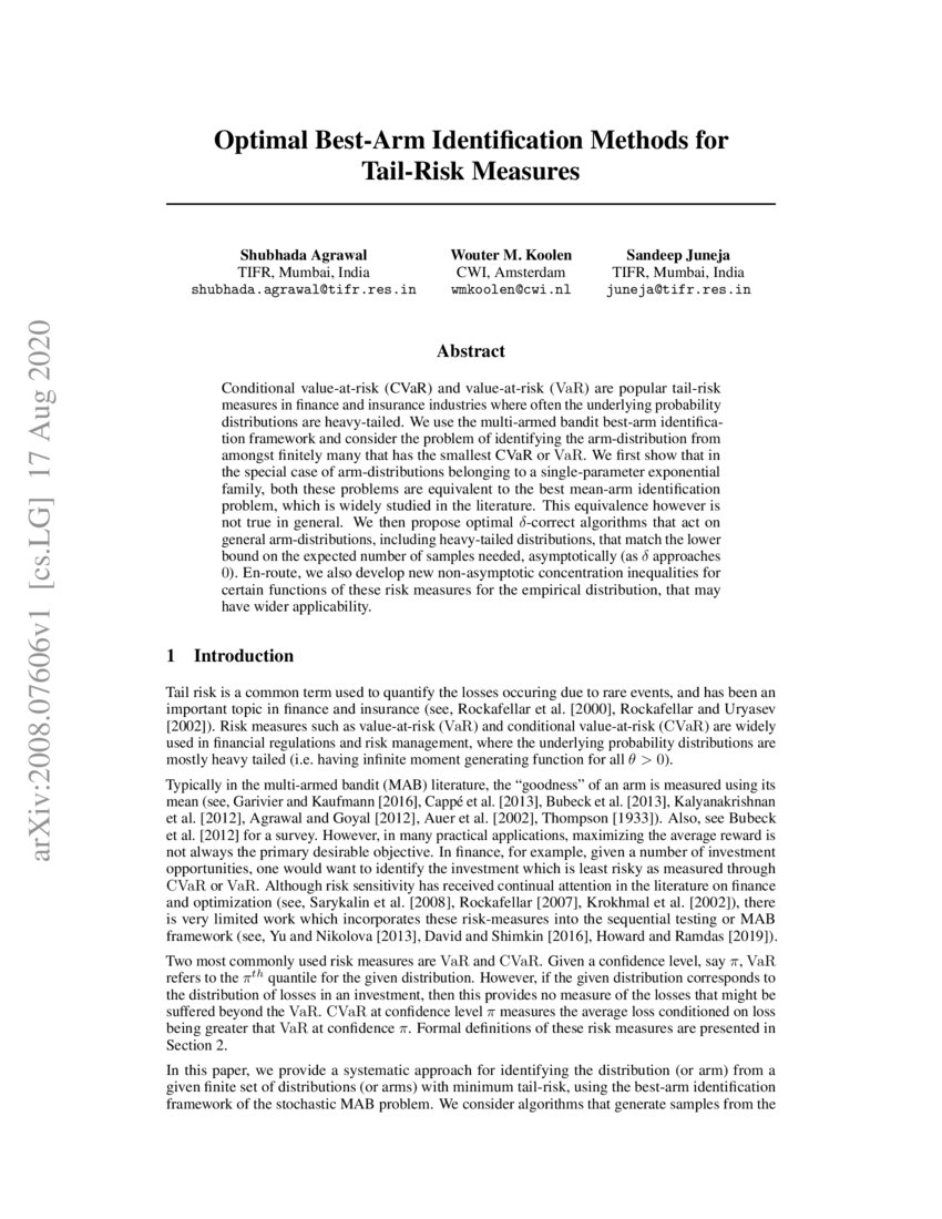 Optimal Best-Arm Identification Methods for Tail-Risk Measures | DeepAI