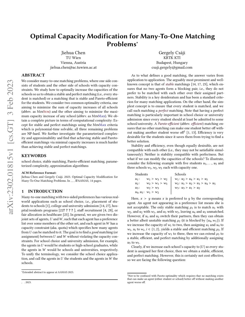 Optimal Capacity Modification for Many-To-One Matching Problems | DeepAI