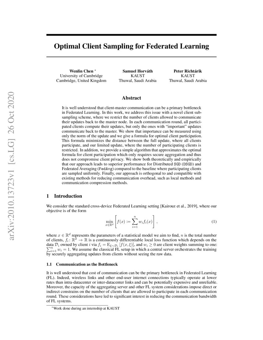 Optimal Client Sampling for Federated Learning | DeepAI
