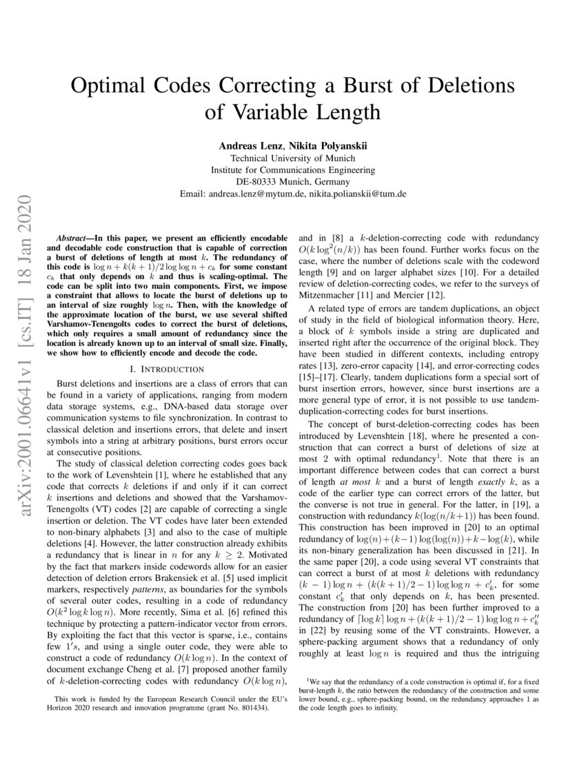 Optimal Codes Correcting A Burst Of Deletions Of Variable Length Deepai