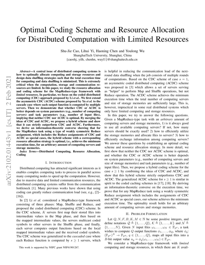 Optimal Coding Scheme And Resource Allocation For Distributed Computation With Limited Resources