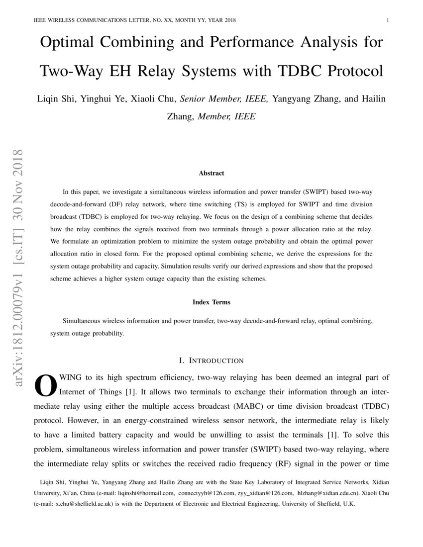 Optimal Combining And Performance Analysis For Two Way Eh Relay Systems With Tdbc Protocol Deepai