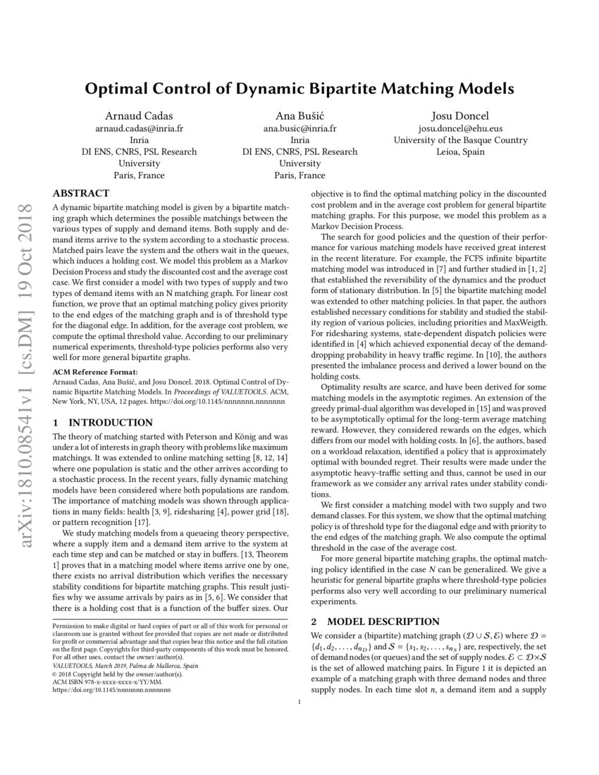 Optimal Control of Dynamic Bipartite Matching Models | DeepAI