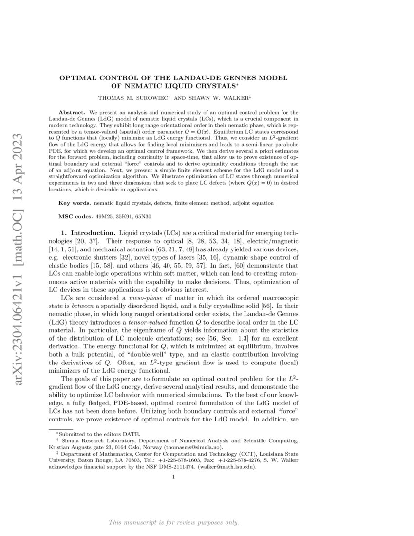 Optimal Control of the Landau-de Gennes Model of Nematic Liquid Crystals | DeepAI
