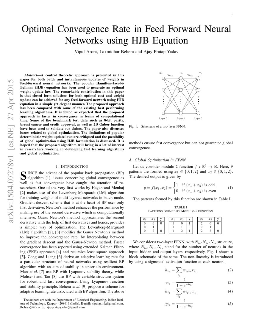 Optimal Convergence Rate in Feed Forward Neural Networks using HJB Equation | DeepAI