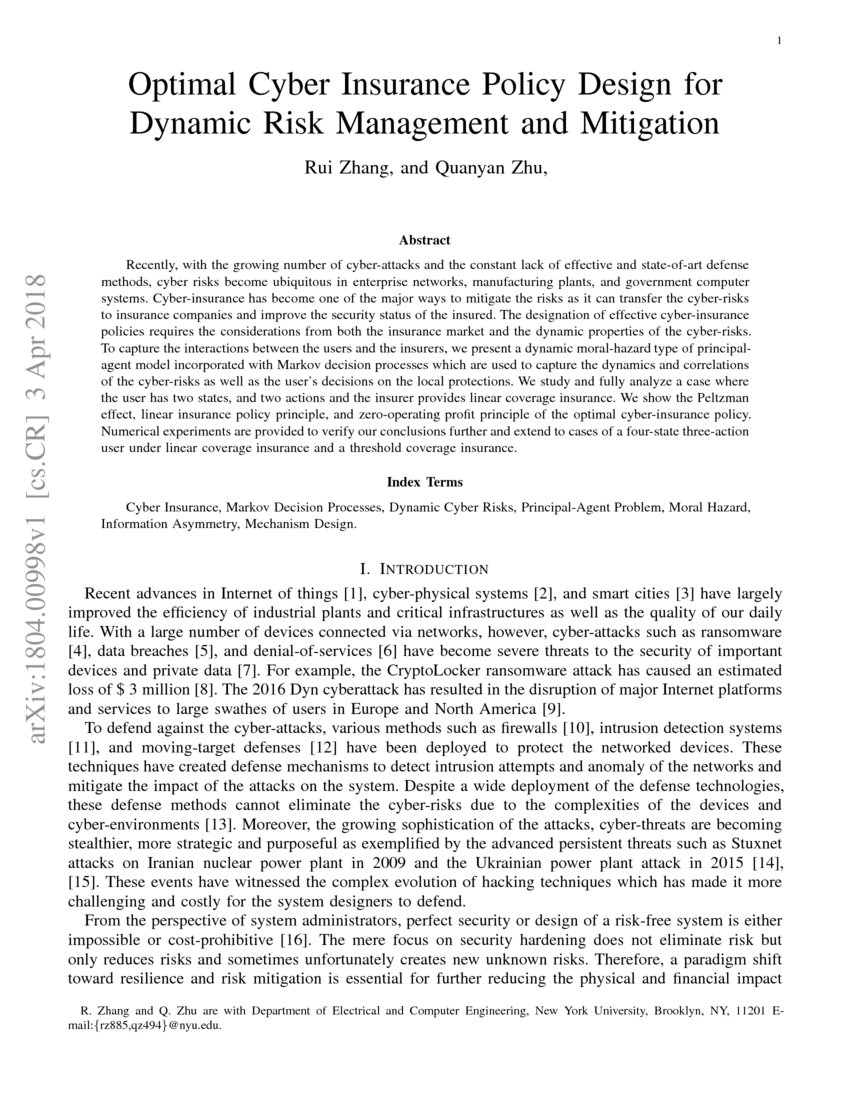 Optimal Cyber Insurance Policy Design for Dynamic Risk Management and ...