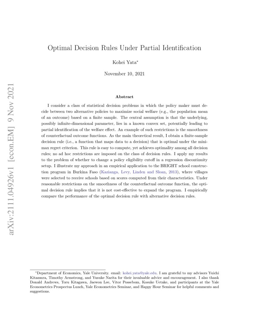 Optimal Decision Rules Under Partial Identification | DeepAI