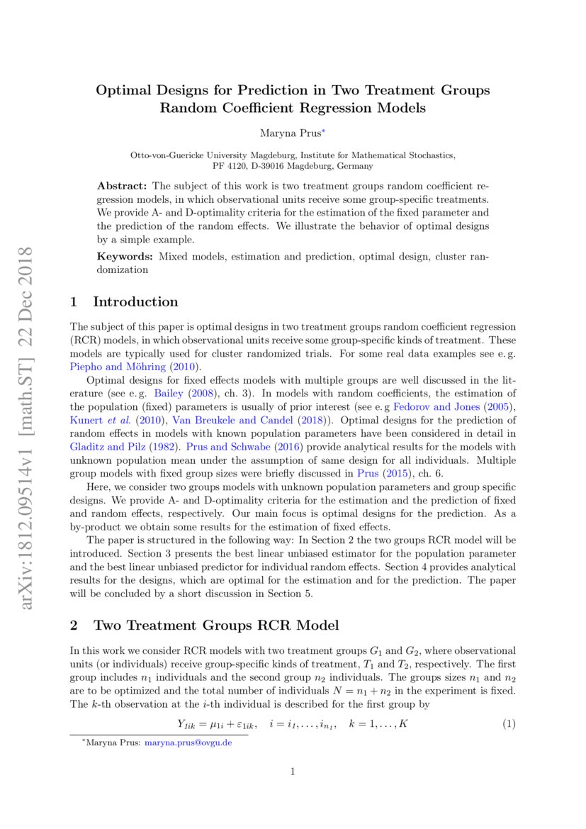 Optimal Designs for Prediction in Two Treatment Groups Random Coefficient Regression Models | DeepAI