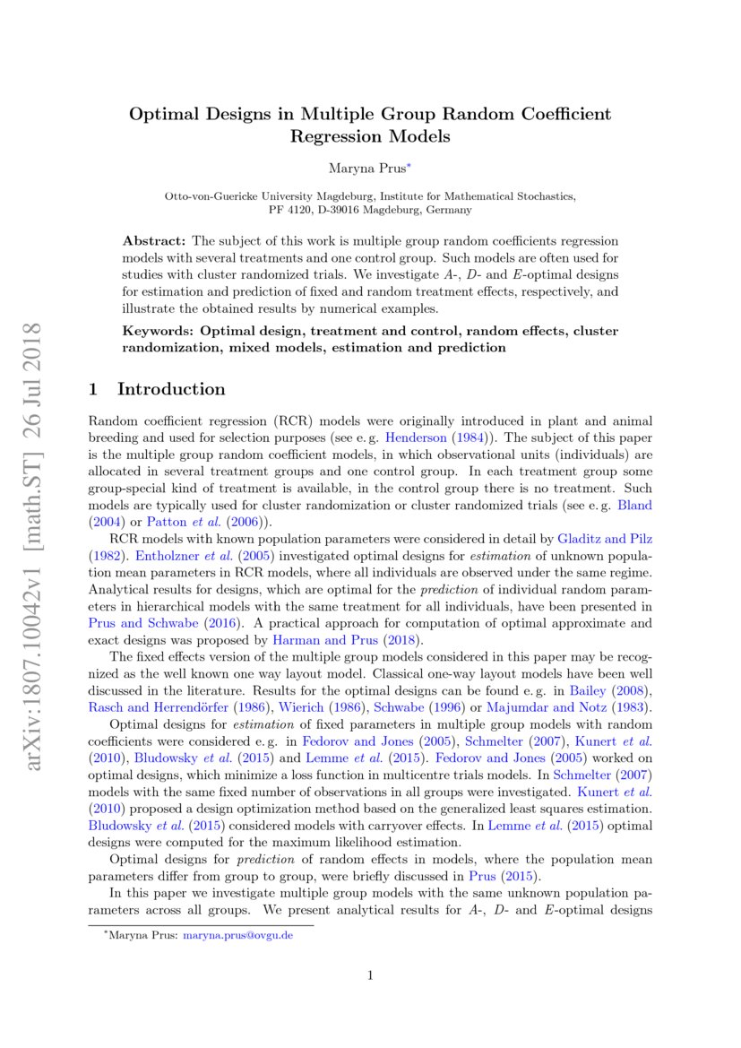 Optimal Designs In Multiple Group Random Coefficient Regression Models Deepai 