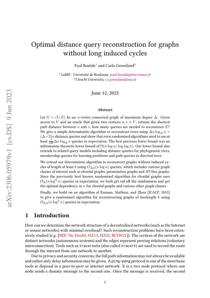 Optimal Distance Query Reconstruction For Graphs Without Long Induced Cycles Deepai 