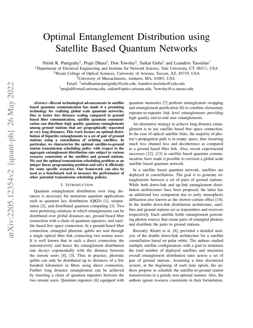 Optimal Entanglement Distribution using Satellite Based Quantum Networks | DeepAI