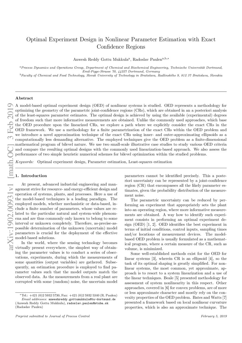 Optimal Experiment Design In Nonlinear Parameter Estimation With Exact Confidence Regions Deepai
