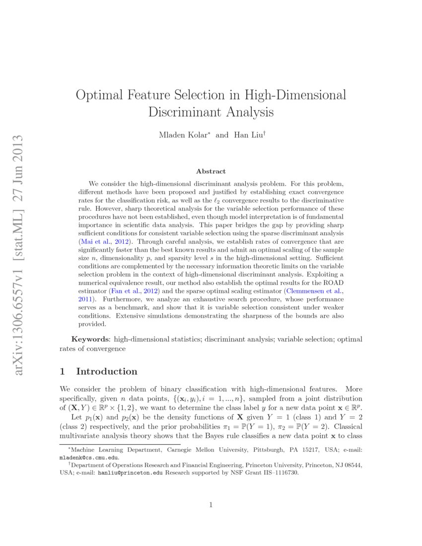 Optimal Feature Selection in High-Dimensional Discriminant Analysis | DeepAI