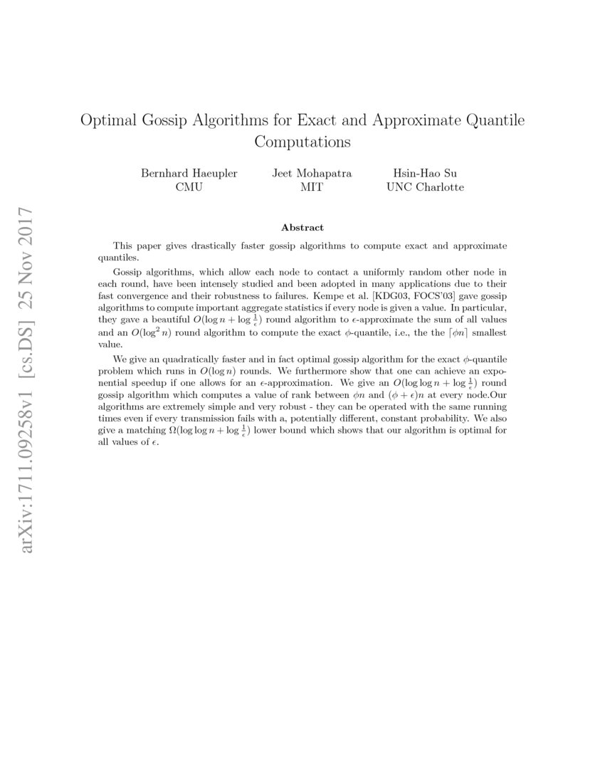 Optimal Gossip Algorithms For Exact And Approximate Quantile Computations Deepai