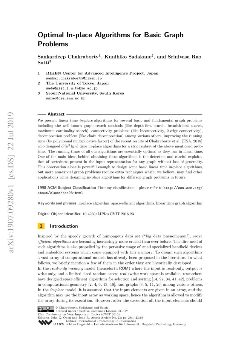 Optimal In-place Algorithms for Basic Graph Problems | DeepAI