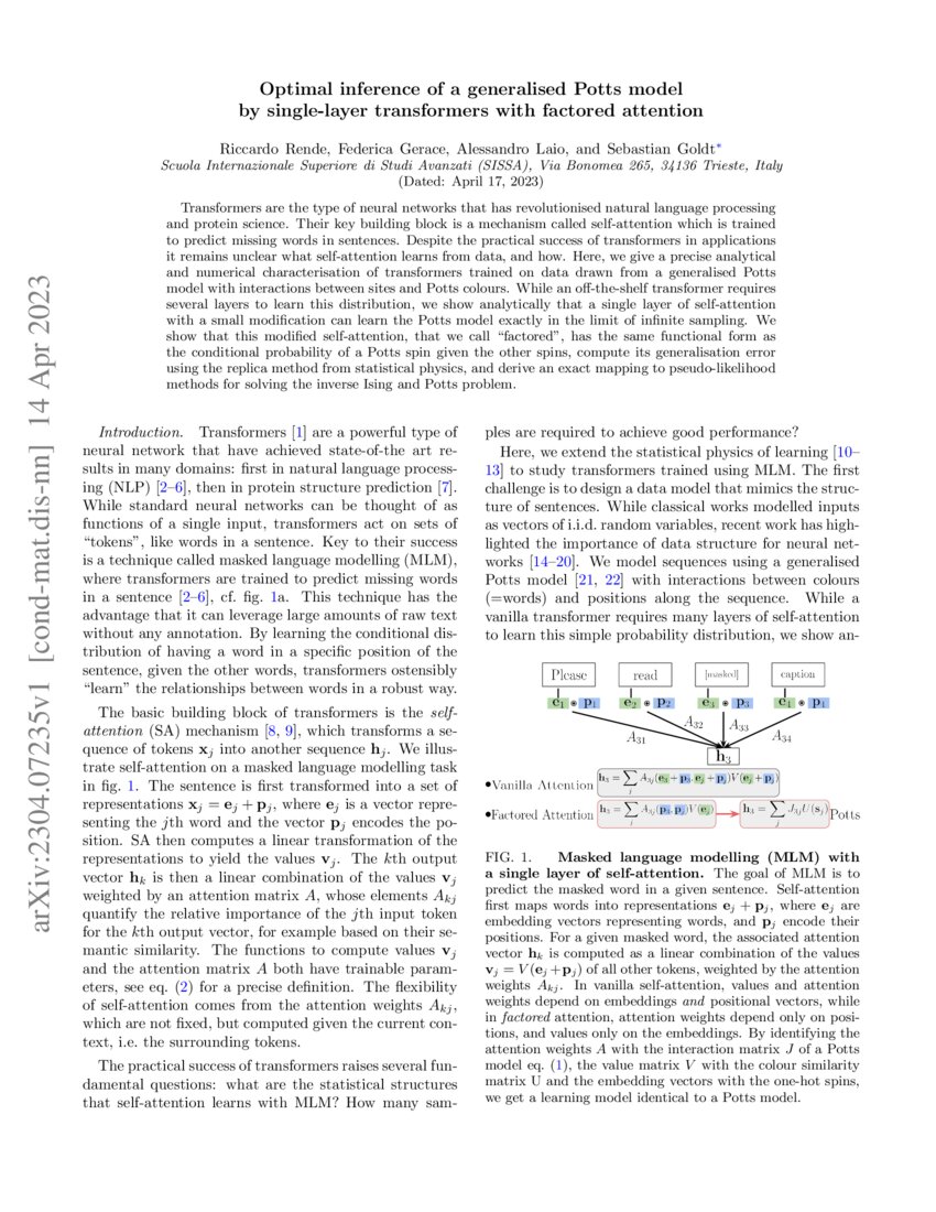 Optimal inference of a generalised Potts model by single-layer transformers with factored ...
