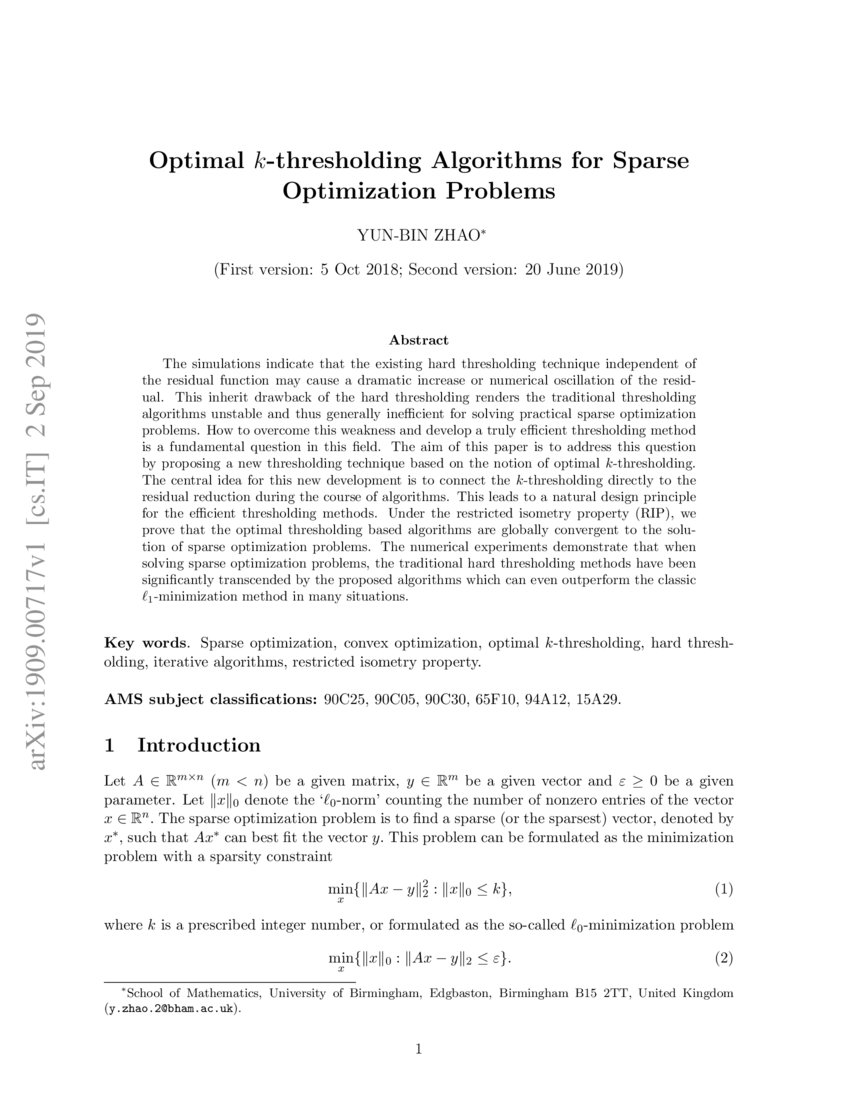 Optimal k-thresholding algorithms for sparse optimization problems | DeepAI