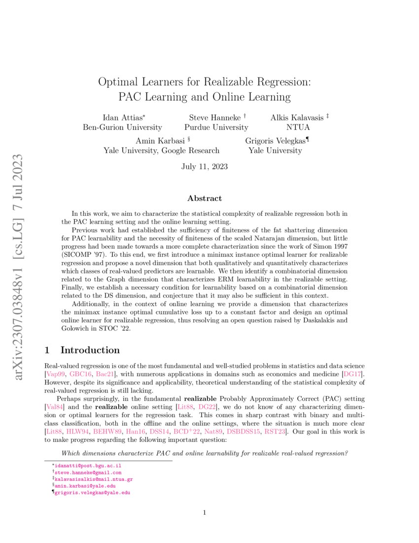 Optimal Learners for Realizable Regression: PAC Learning and Online Learning | DeepAI