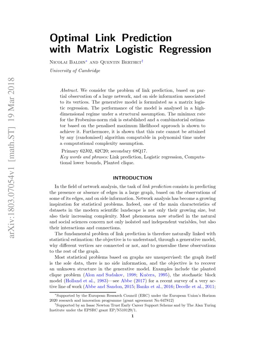 Optimal link prediction with matrix logistic regression | DeepAI
