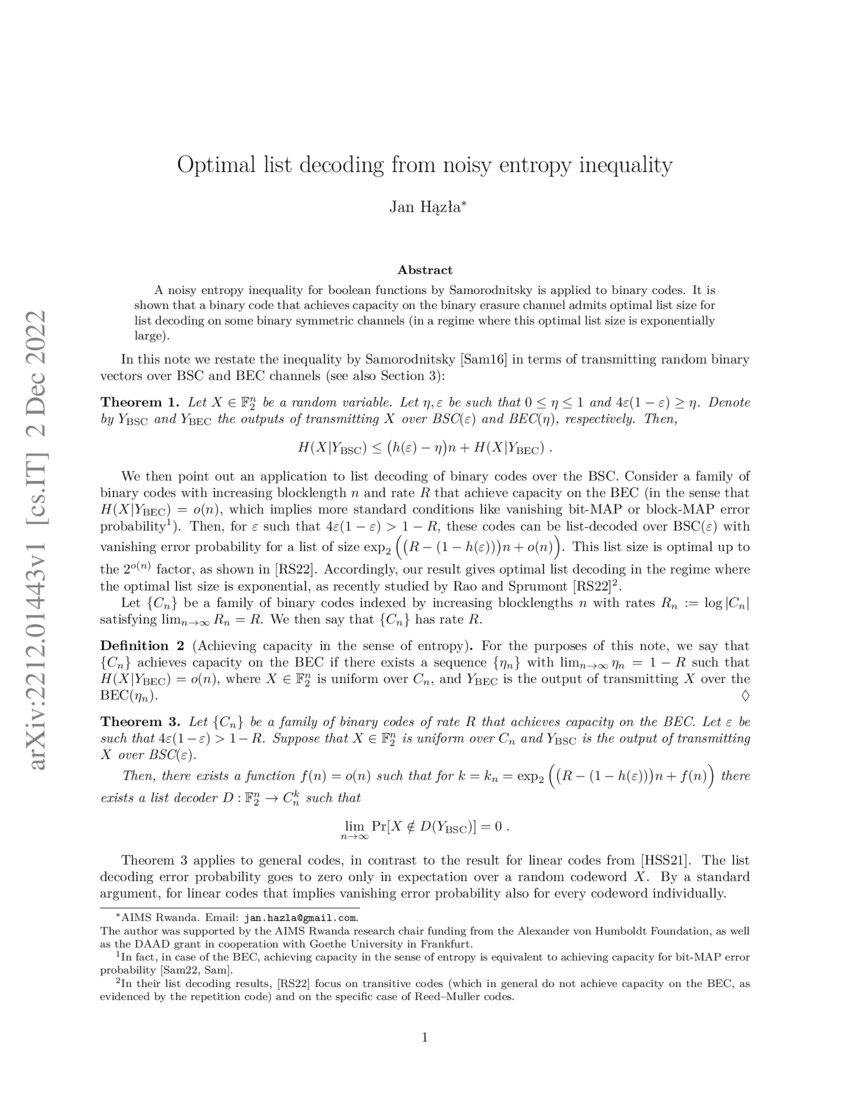 Optimal list decoding from noisy entropy inequality | DeepAI