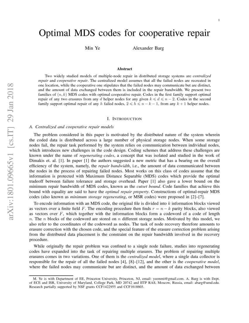 Optimal MDS codes for cooperative repair | DeepAI