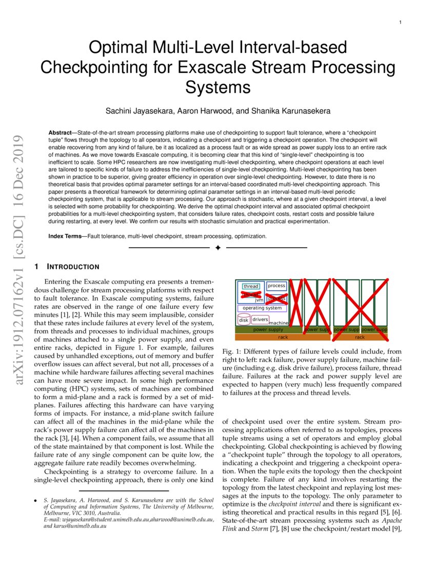 Optimal Multi-Level Interval-based Checkpointing for Exascale Stream Processing Systems | DeepAI