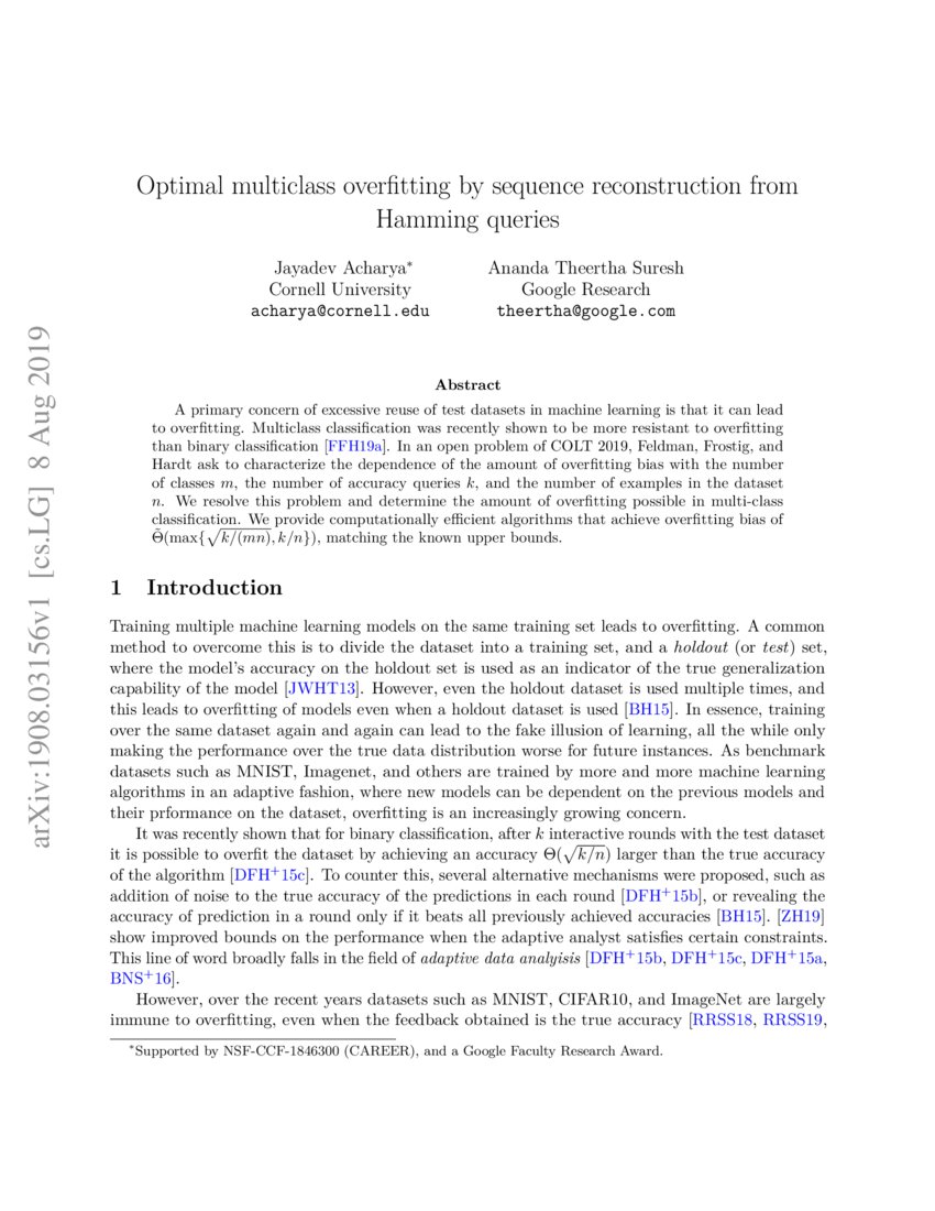 Optimal multiclass overfitting by sequence reconstruction from Hamming queries | DeepAI