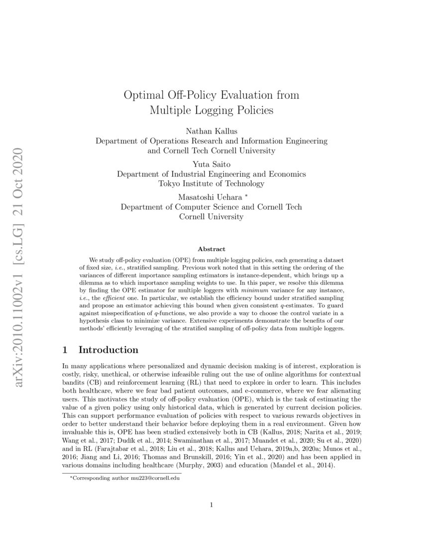 Optimal Off-Policy Evaluation from Multiple Logging Policies | DeepAI