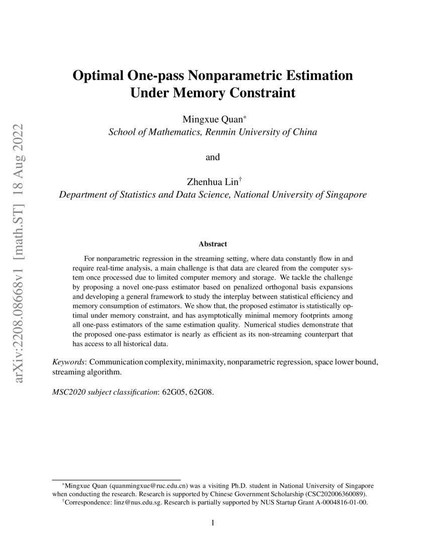 Optimal One Pass Nonparametric Estimation Under Memory Constraint Deepai