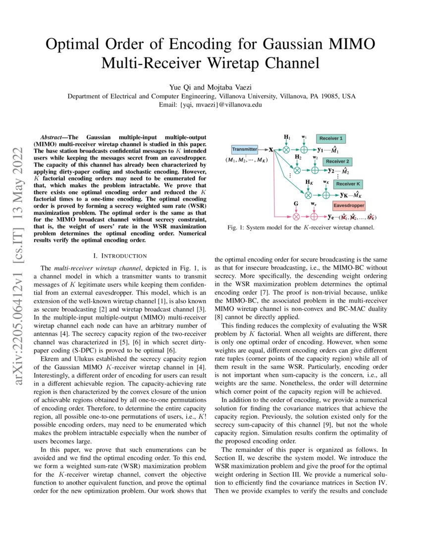 Optimal Order of Encoding for Gaussian MIMO Multi-Receiver Wiretap Channel | DeepAI