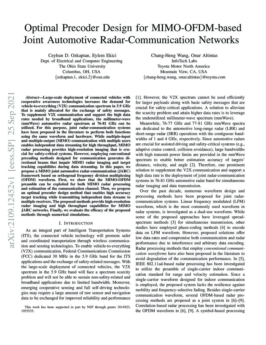 Optimal Precoder Design For Mimo Ofdm Based Joint Automotive Radar Communication Networks Deepai