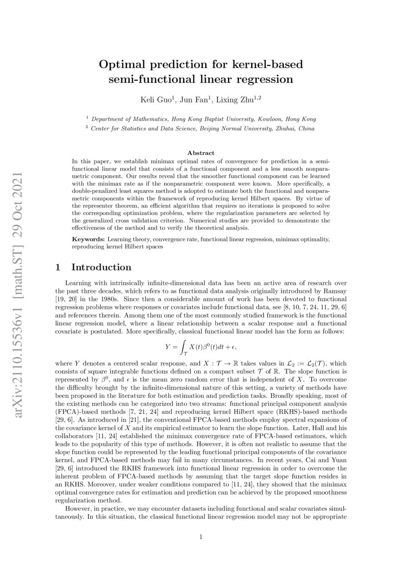 Optimal Prediction For Kernel Based Semi Functional Linear Regression Deepai