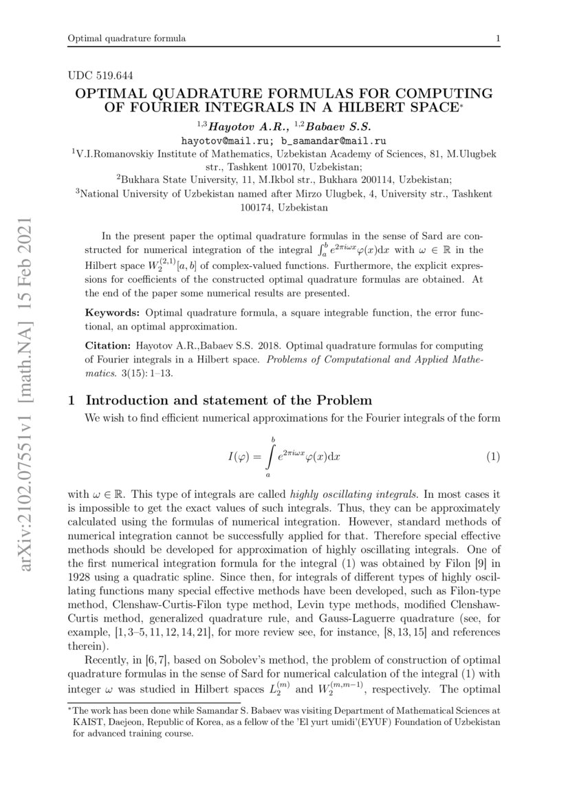 Optimal quadrature formulas for computing of Fourier integrals in a Hilbert space | DeepAI