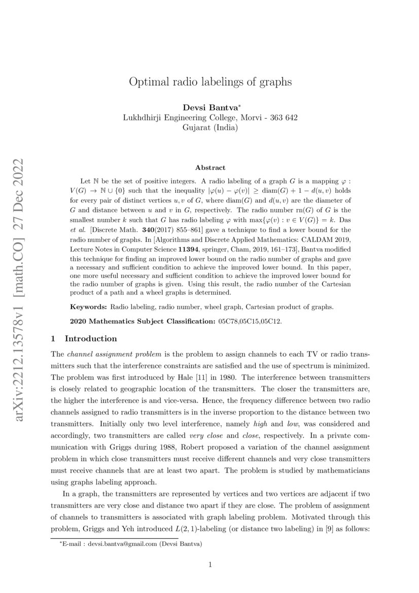 Optimal radio labelings of graphs | DeepAI