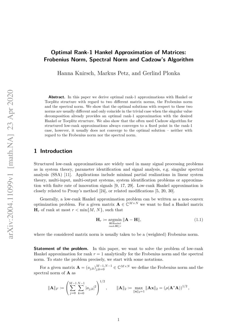 Optimal Rank 1 Hankel Approximation Of Matrices Frobenius Norm Spectral Norm And Cadzows