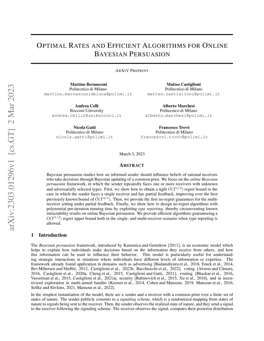 Optimal Rates And Efficient Algorithms For Online Bayesian Persuasion Deepai