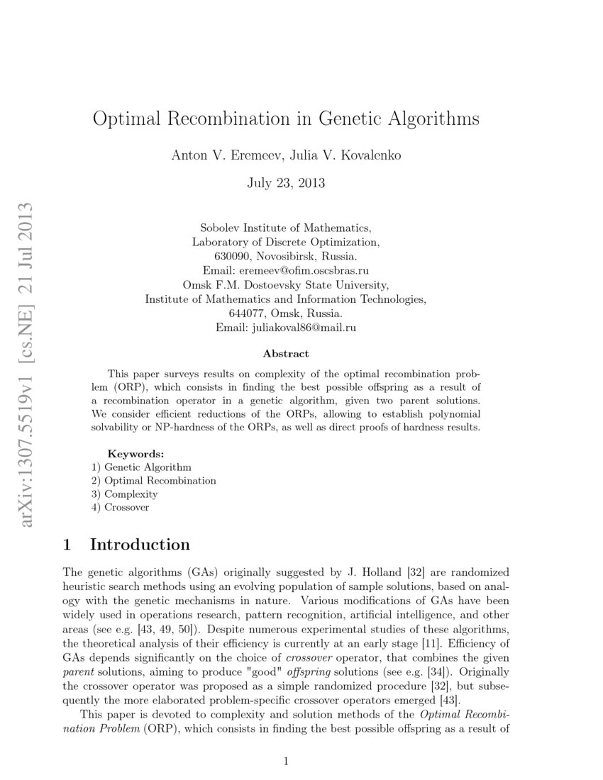 Optimal Recombination In Genetic Algorithms Deepai