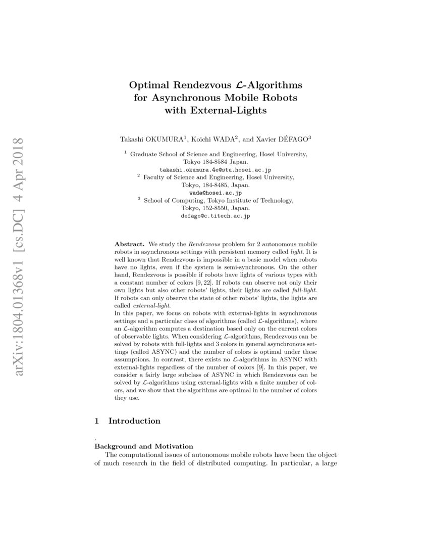 Optimal Rendezvous L Algorithms For Asynchronous Mobile Robots With External Lights Deepai 