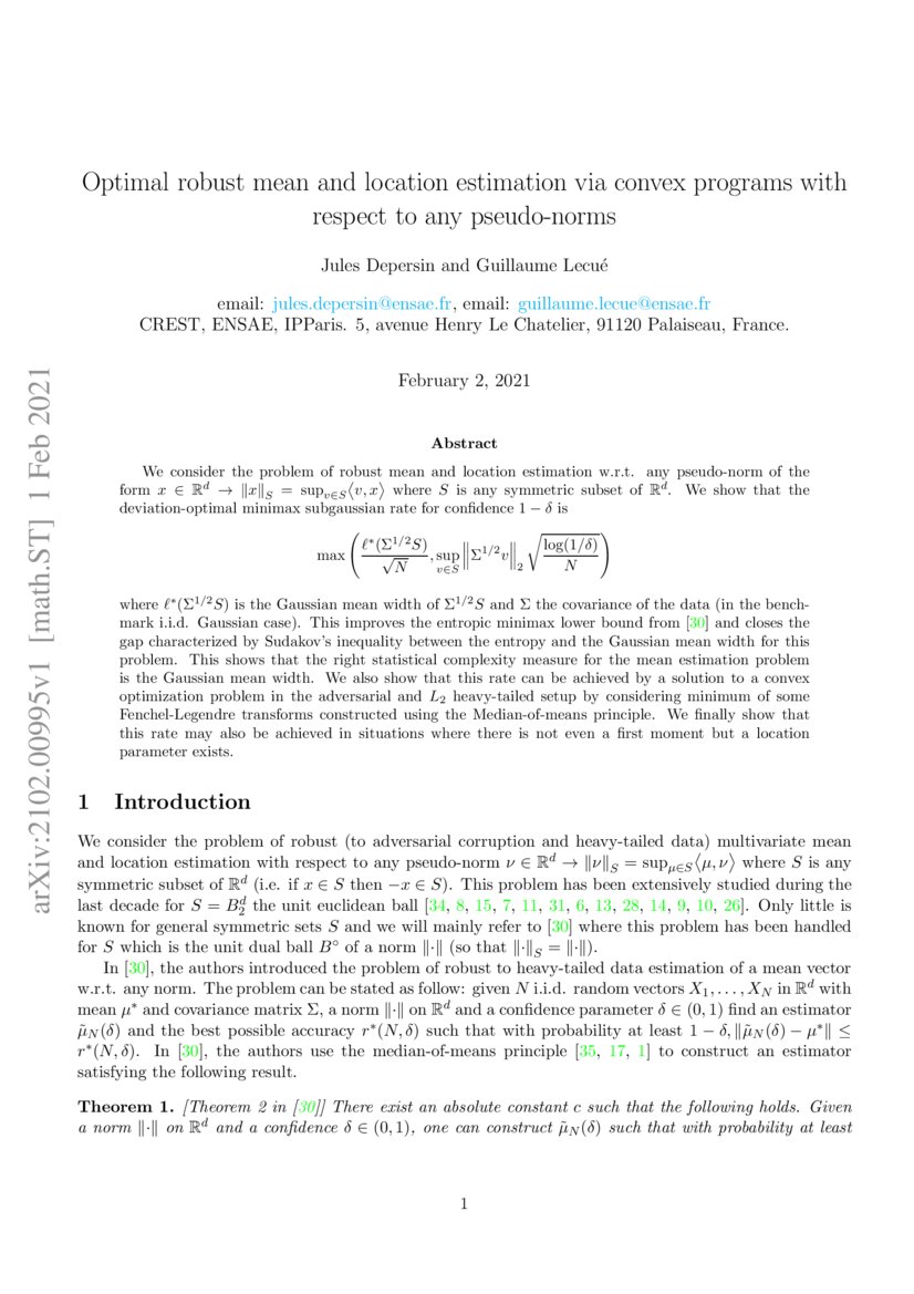 Optimal robust mean and location estimation via convex programs with ...