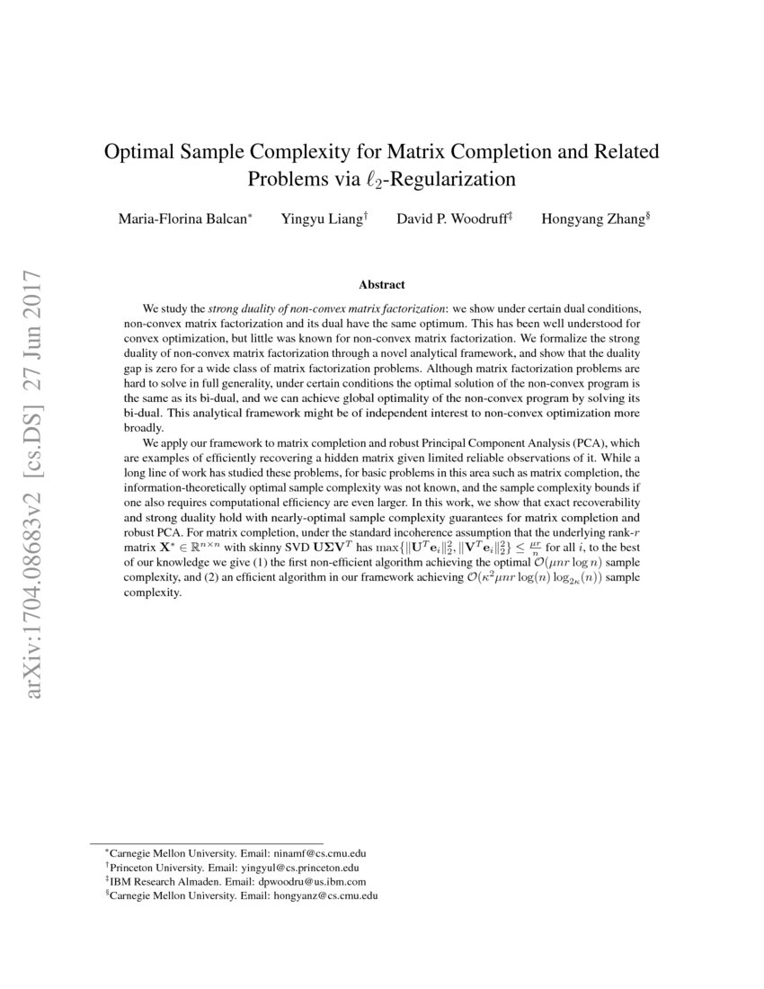 Optimal Sample Complexity For Matrix Completion And Related Problems Via ℓ2 Regularization Deepai