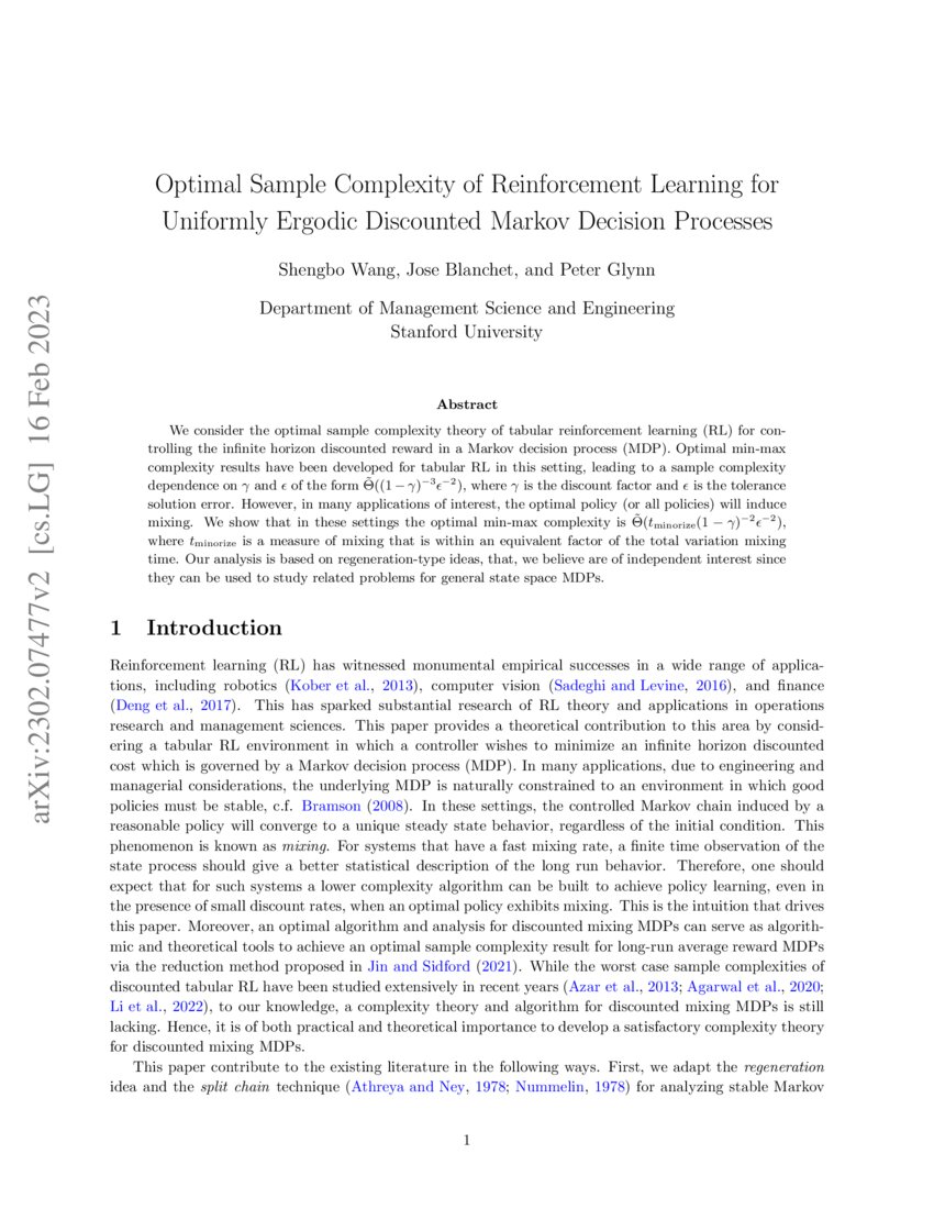 Optimal Sample Complexity of Reinforcement Learning for Uniformly Ergodic Discounted Markov ...