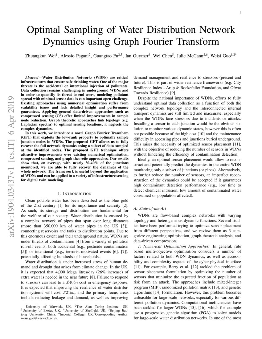 Optimal Sampling of Water Distribution Network Dynamics using Graph Fourier Transform | DeepAI