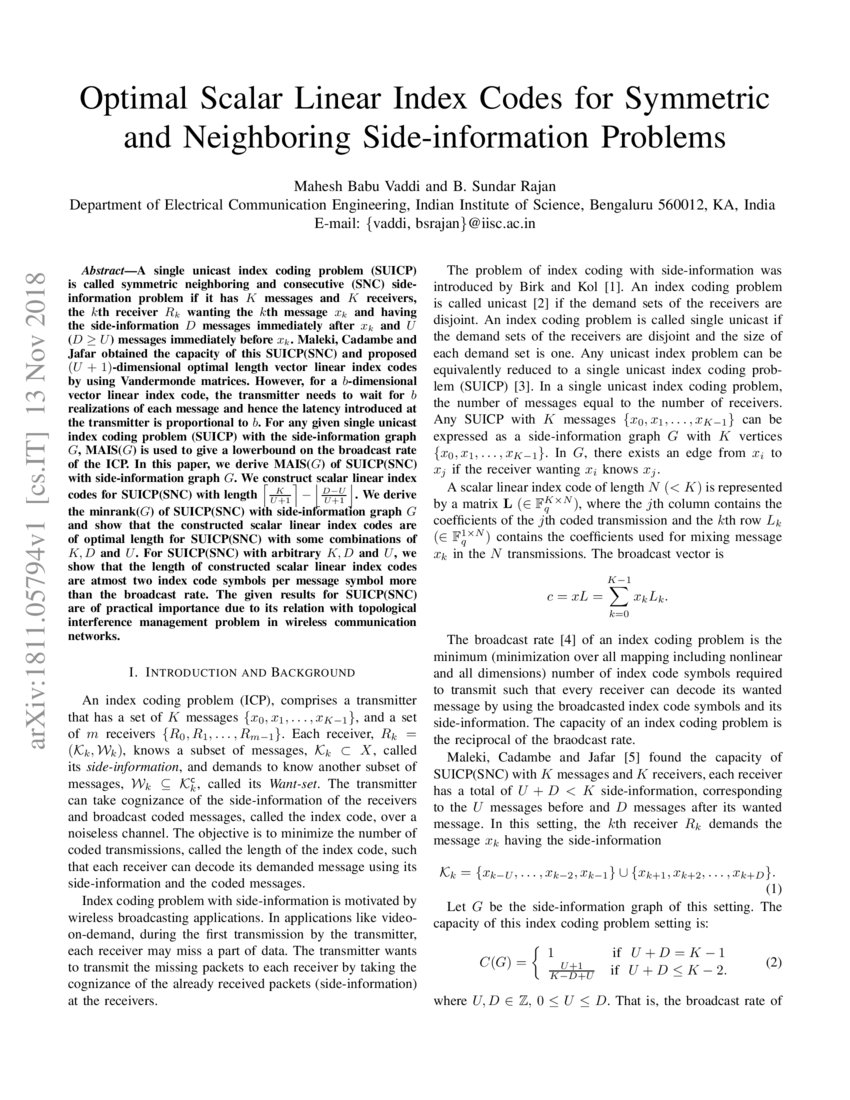 Optimal Scalar Linear Index Codes For Symmetric And Neighboring Side Information Problems Deepai 
