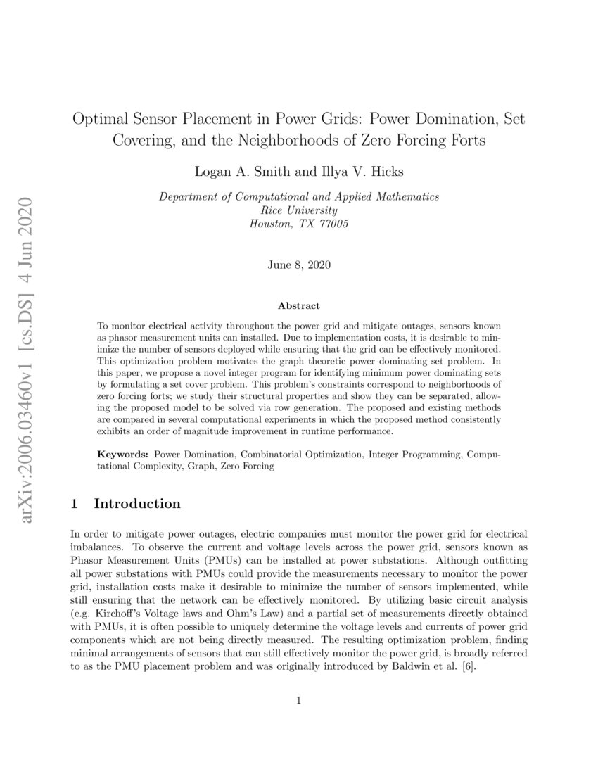Optimal Sensor Placement in Power Grids: Power Domination, Set Covering, and the Neighborhoods ...