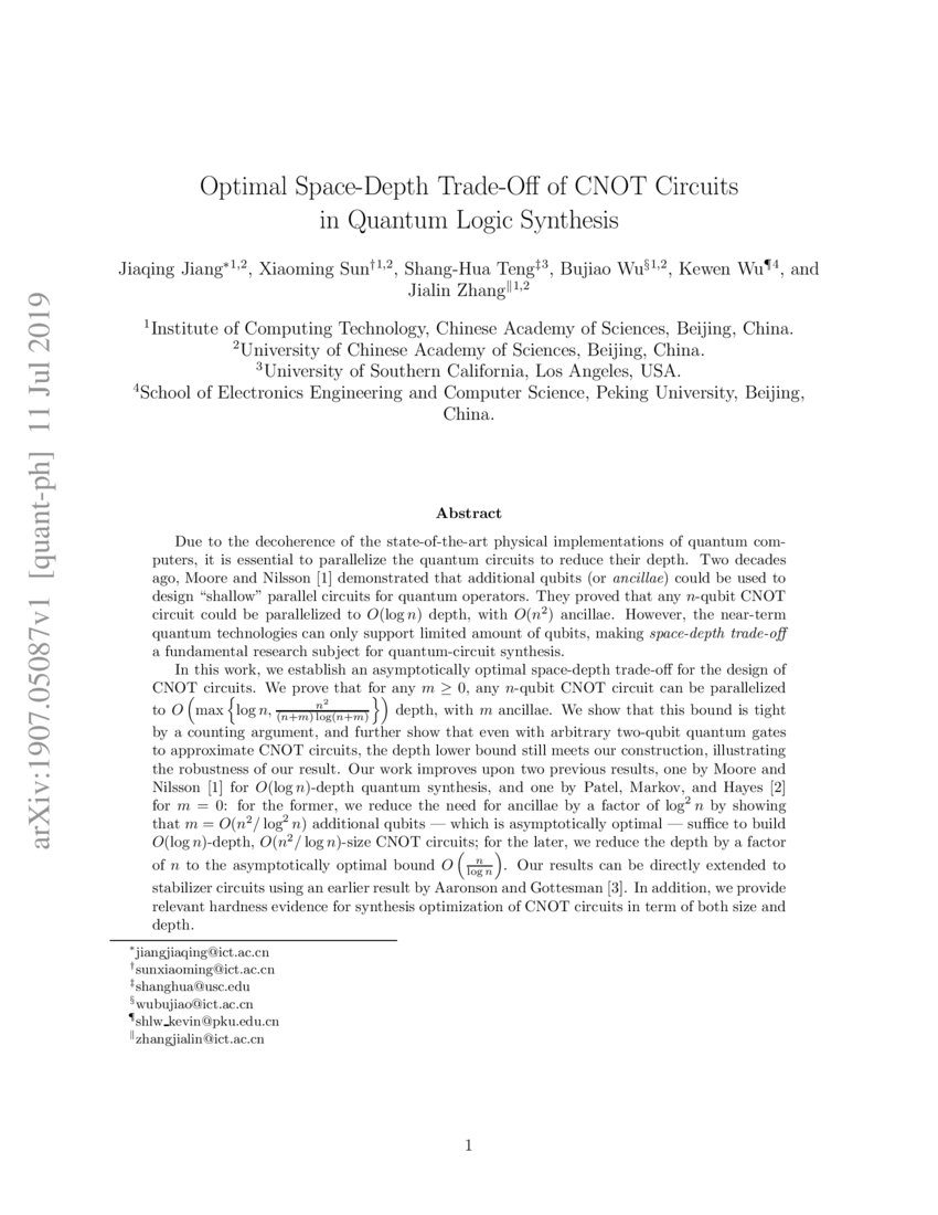 Optimal Space Depth Trade Off Of Cnot Circuits In Quantum Logic Synthesis Deepai
