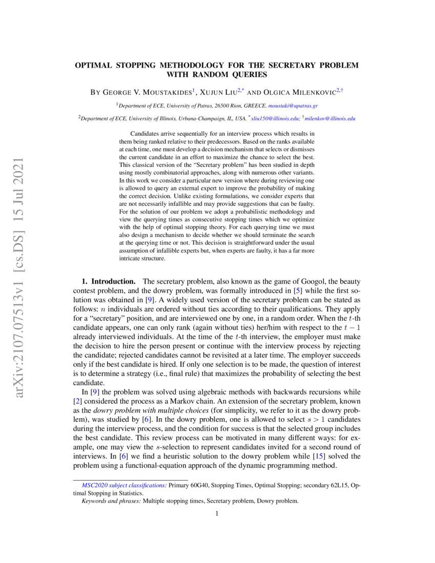 Optimal Stopping Methodology For The Secretary Problem With Random Queries Deepai
