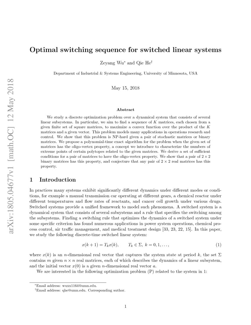 Optimal switching sequence for switched linear systems | DeepAI