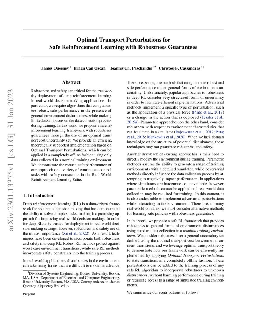Optimal Transport Perturbations For Safe Reinforcement Learning With Robustness Guarantees Deepai