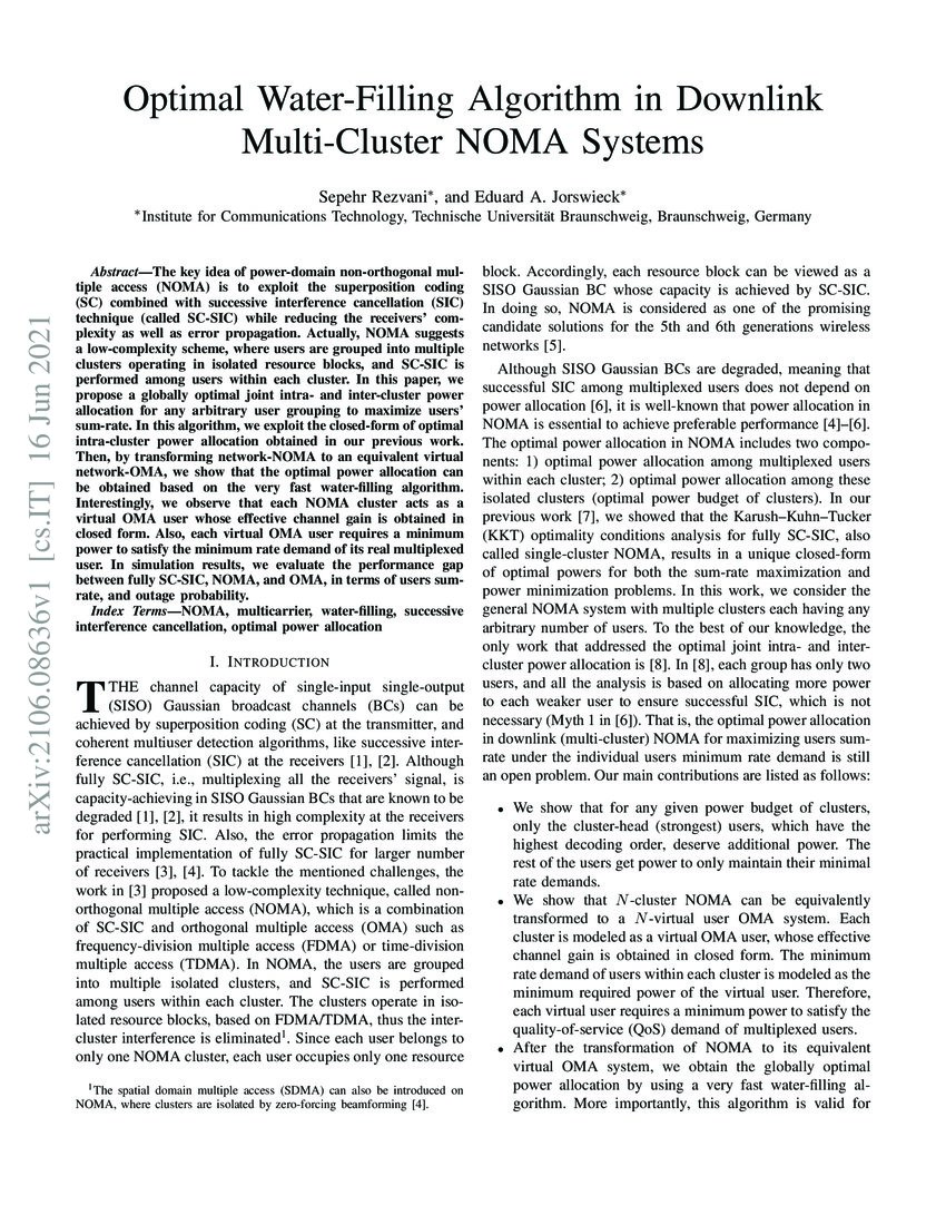 Optimal Water Filling Algorithm In Downlink Multi Cluster Noma Systems Deepai