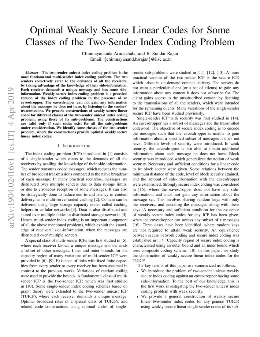 Optimal Weakly Secure Linear Codes For Some Classes Of The Two Sender Index Coding Problem Deepai